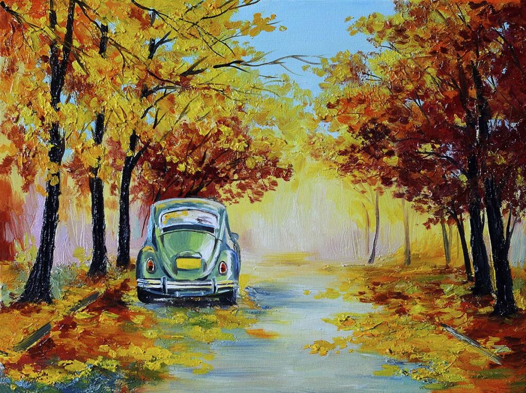 A painting of a car on a road with trees and leaves - Magic Decor