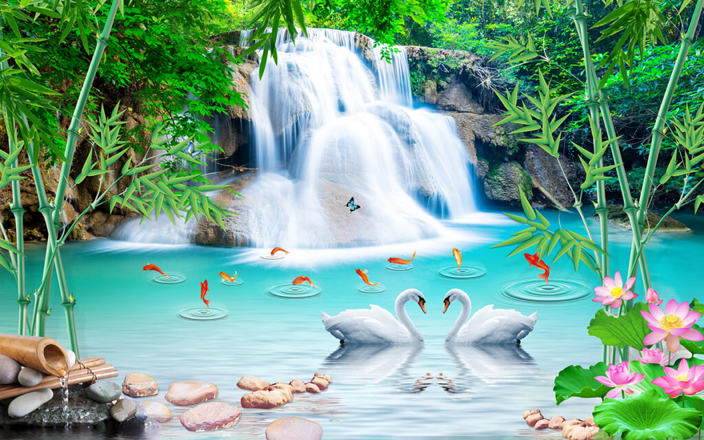 Bathroom Wallpaper - Waterfall with a couple of swans - Magicdecor®