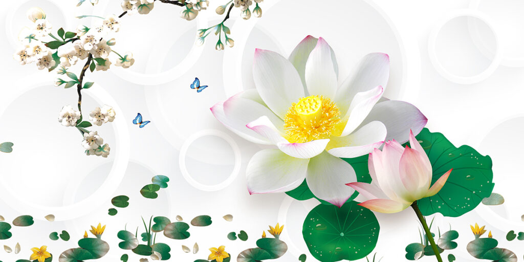 A white and pink flower with green leaves and butterflies - Magicdecor®