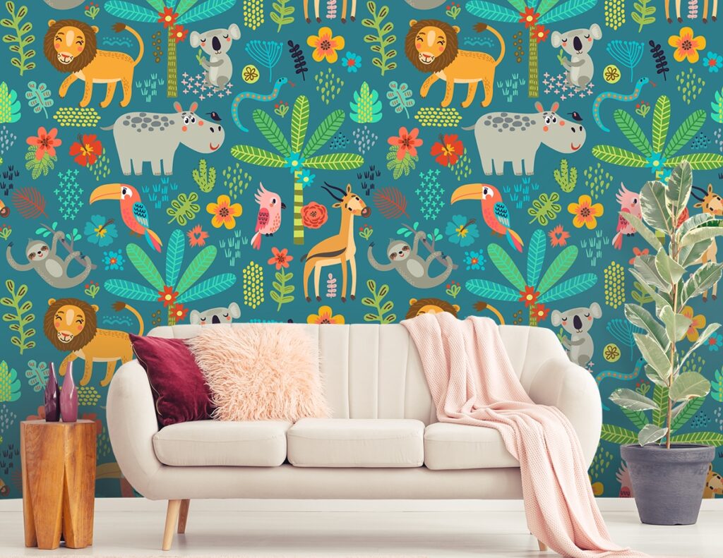 Animals and Plants Pattern Wallpaper for Kids Room