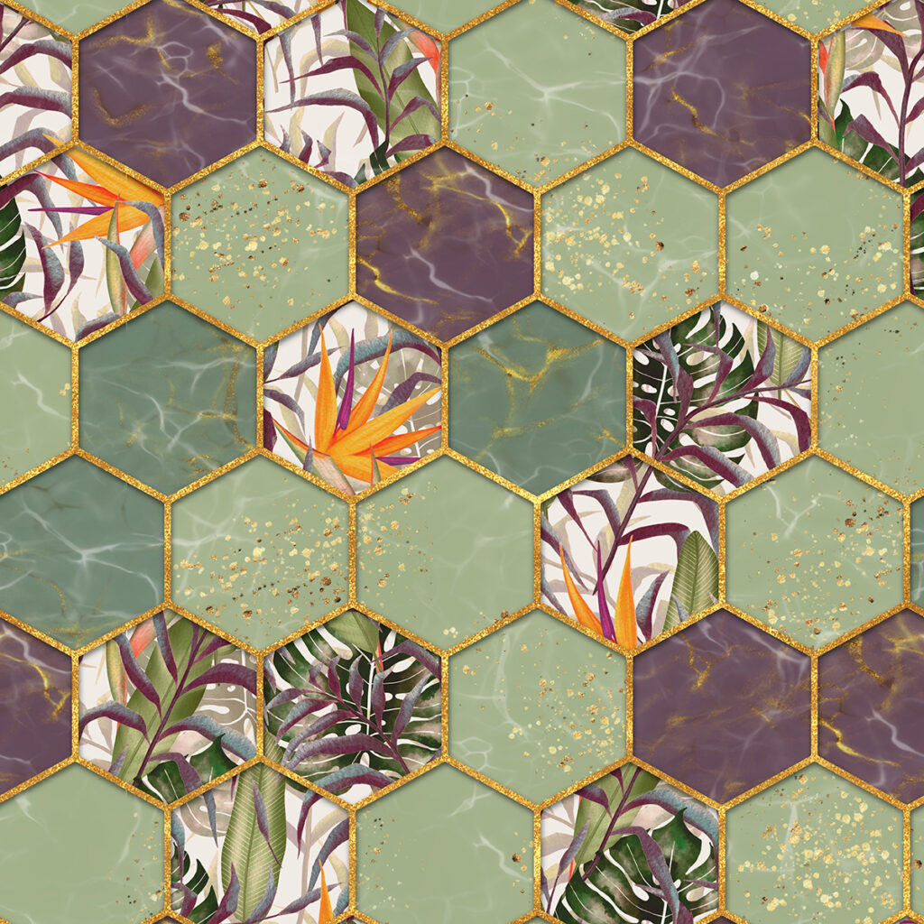 Golden Hexagonal Tiles with Botanical Design Wallpaper - Magicdecor®