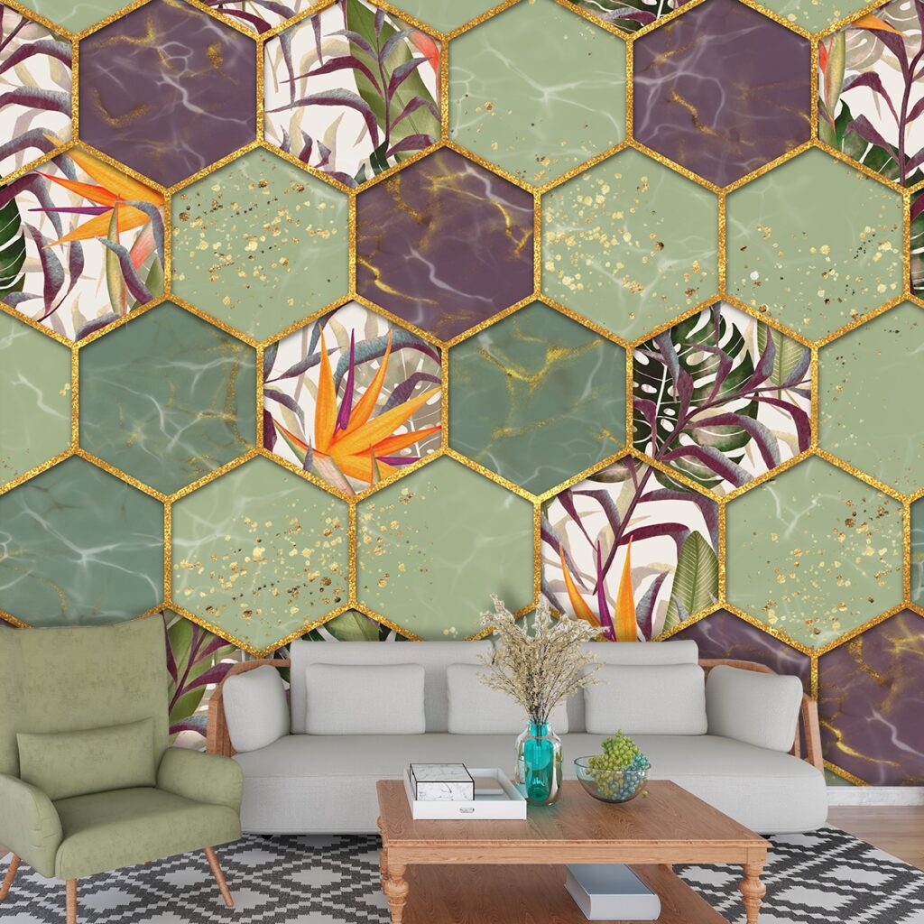 Golden Hexagonal Tiles with Botanical Design Wallpaper - Magicdecor®