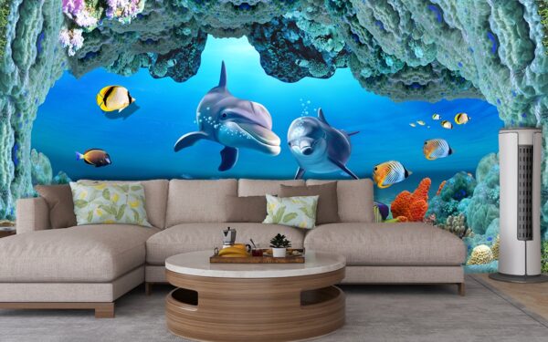 Kids Room Wallpaper - A group of fish and dolphins under water