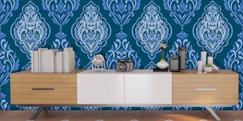 Stunning Blue and White Damask Pattern Wallpaper for Wall
