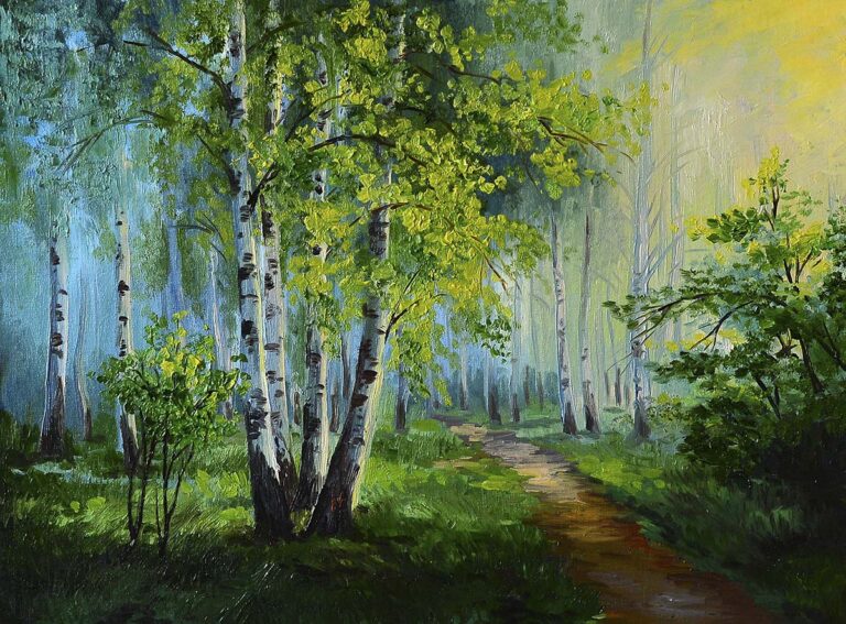 A painting of a forest with trees and a path - Magicdecor®