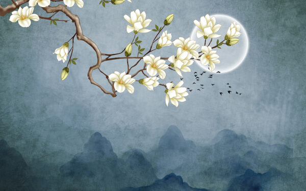 A painting of a tree branch with white flowers - Magicdecor®