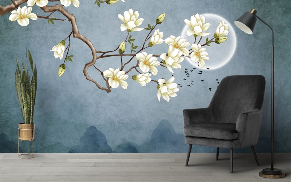 A painting of a tree branch with white flowers - Magicdecor®