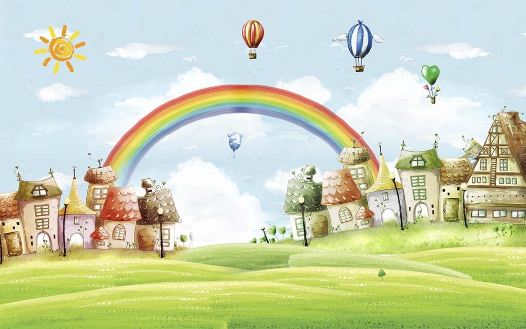 Kids Room Wallpaper - A cartoon landscape with a rainbow and houses