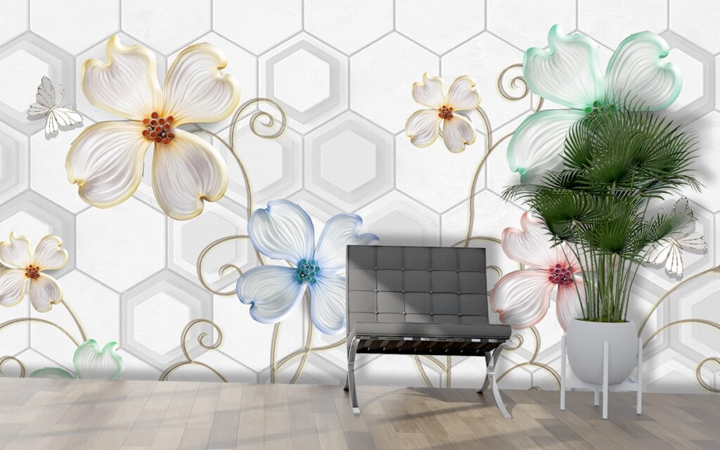 3D Flower With Hexagonal Geometric Patterns Wallpaper - Magicdecor®