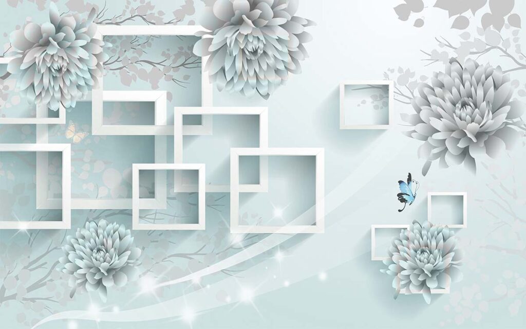 A 3D Design Wallpaper with Square Patterns and Flowers for Wall ...