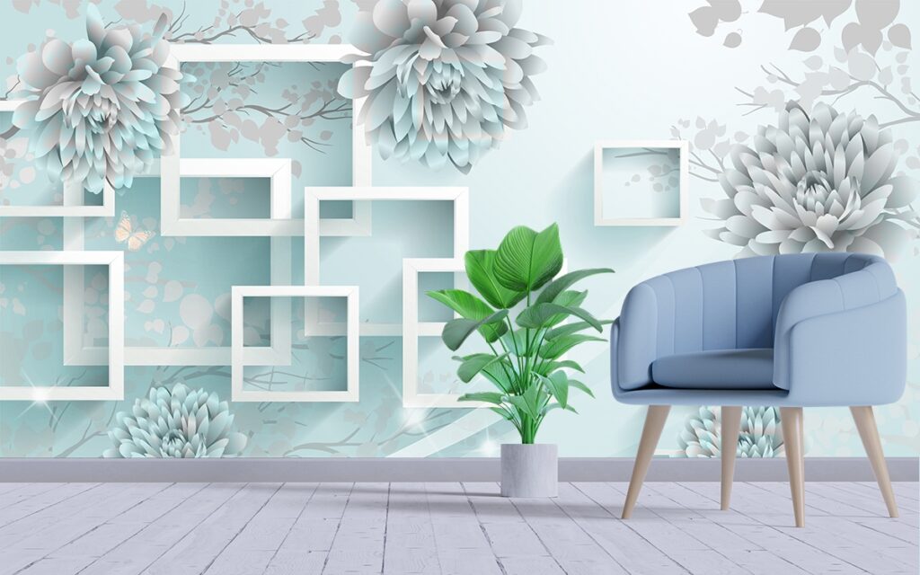 A 3D Design Wallpaper with Square Patterns and Flowers for Wall ...