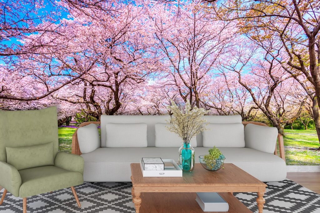 A path with pink flowers on trees - Magicdecor®