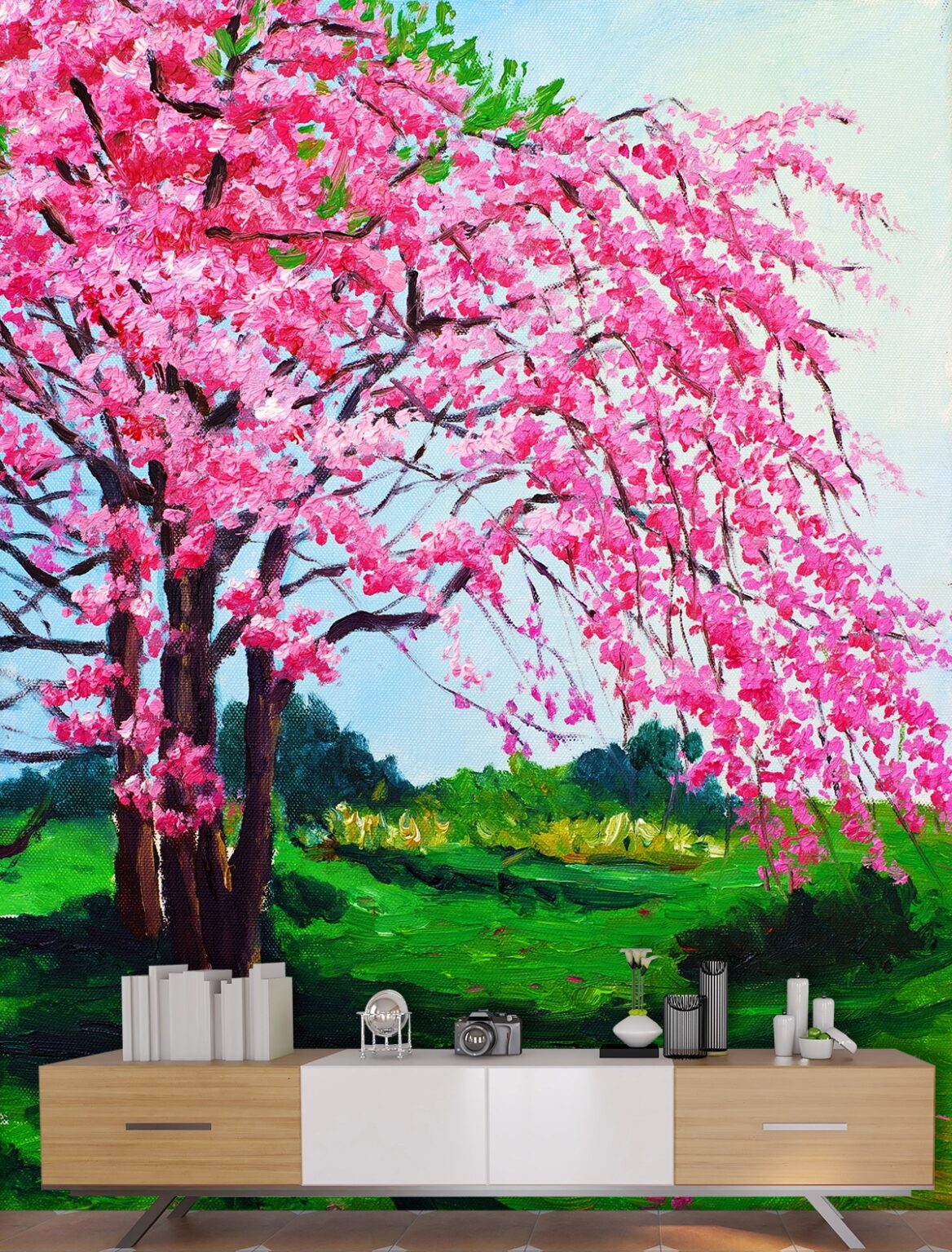 A Painting of a Tree with Pink Flowers Wallpaper - Magicdecor®