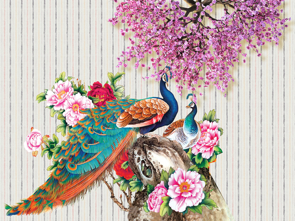 Peacocks and flowers wallpaper - Magicdecor®