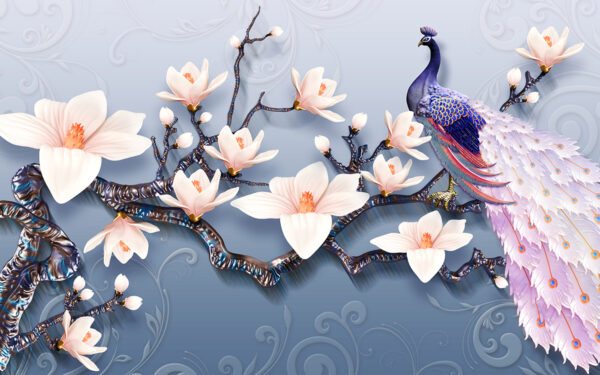 A peacock on a branch with white flowers - Magicdecor®