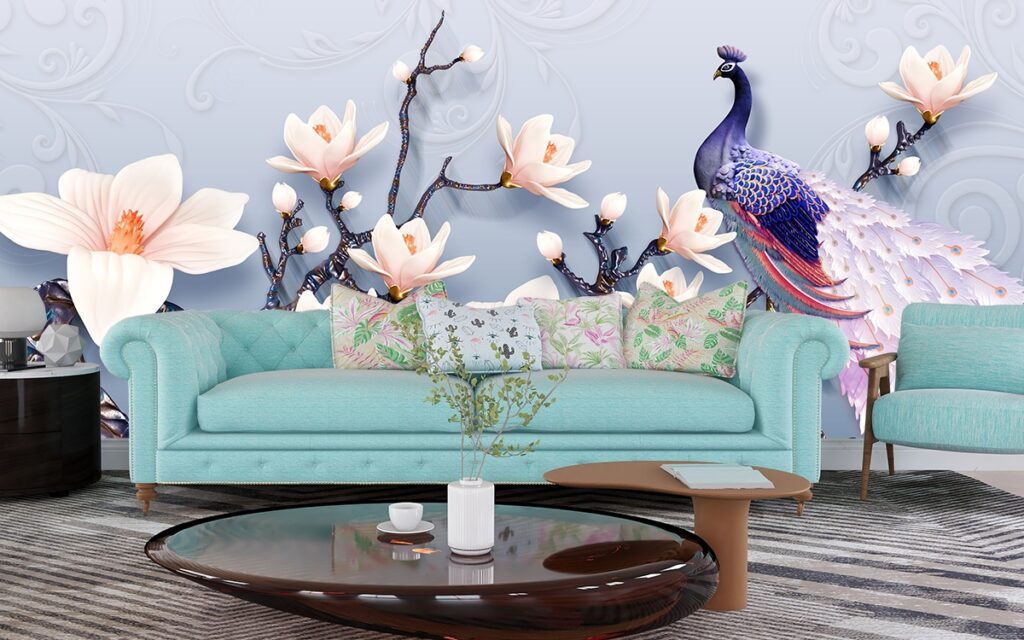 A peacock on a branch with white flowers - Magicdecor®