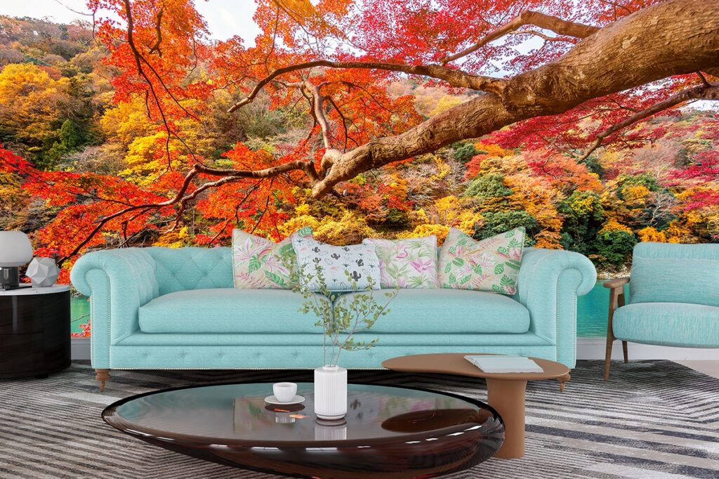 A boat on a lake with colorful trees - Magicdecor®