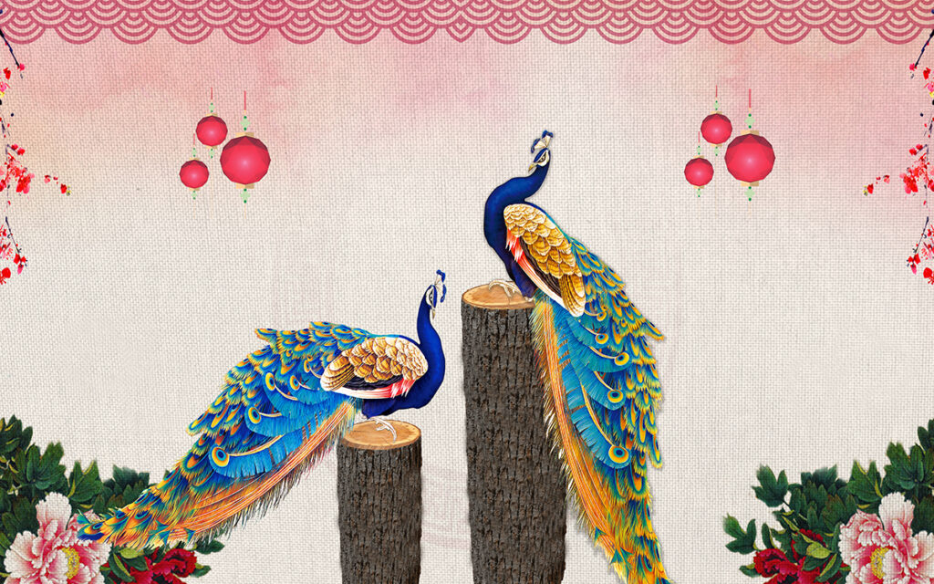 Peacocks Wallpaper Sitting on Stumps - Magicdecor®