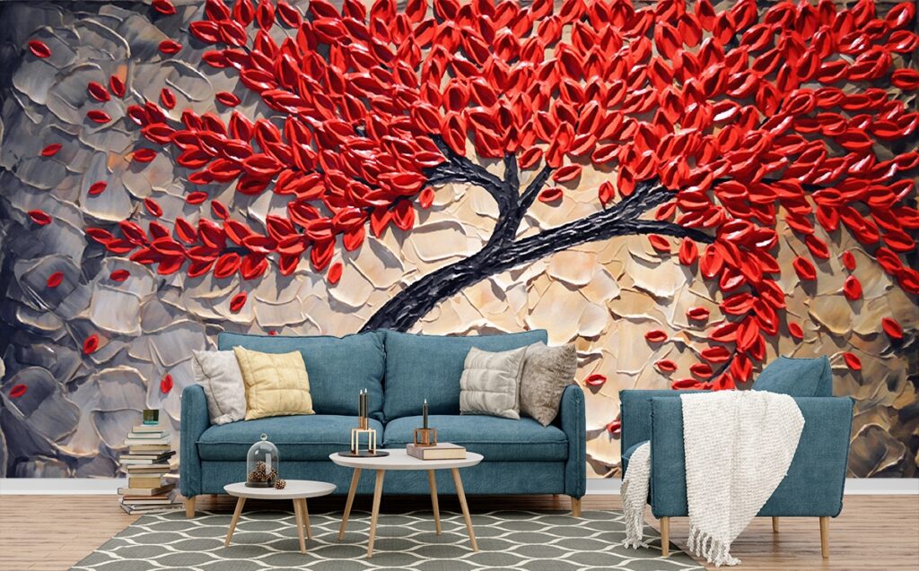 A painting of a tree with red leaves - Magicdecor®