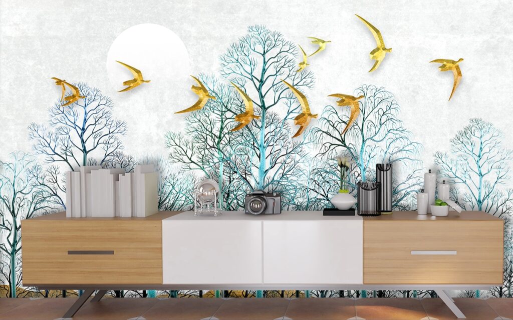 Elegant Golden Birds and Trees Wallpaper Mural - Magicdecor®