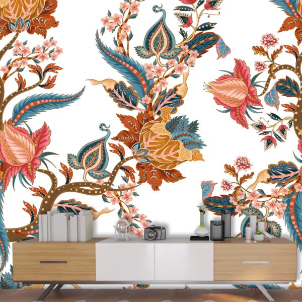 A Traditional Style Wallpaper Pattern with Colorful Floral Flowers ...