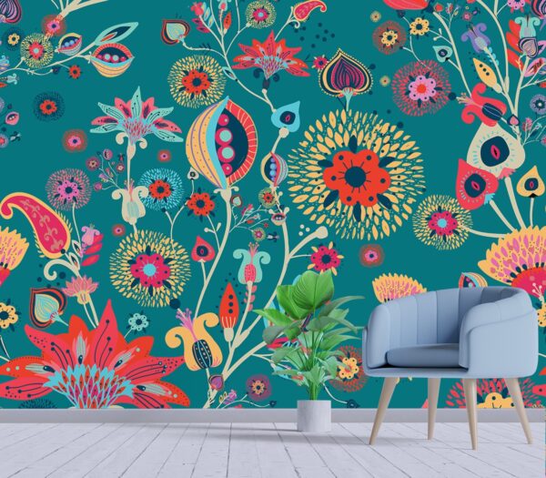 A colorful floral pattern on a teal background - Magic Decor