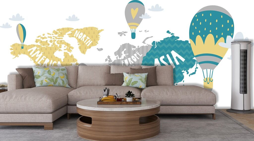 Kids Room Wallpaper - A map of the world with different colored continents
