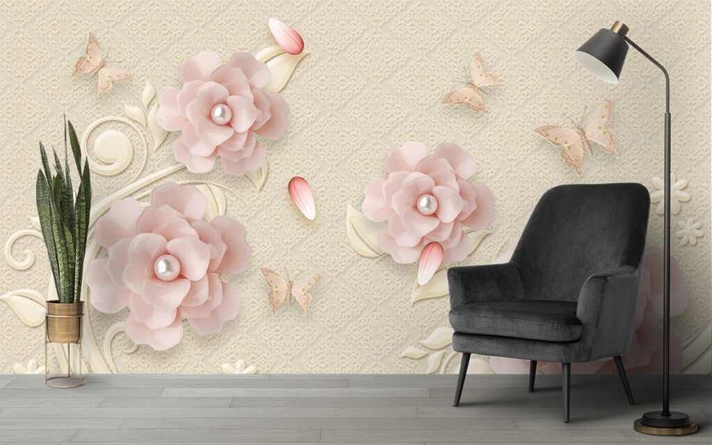 A Wallpaper with Pink Flowers and Beige Background - Magicdecor®