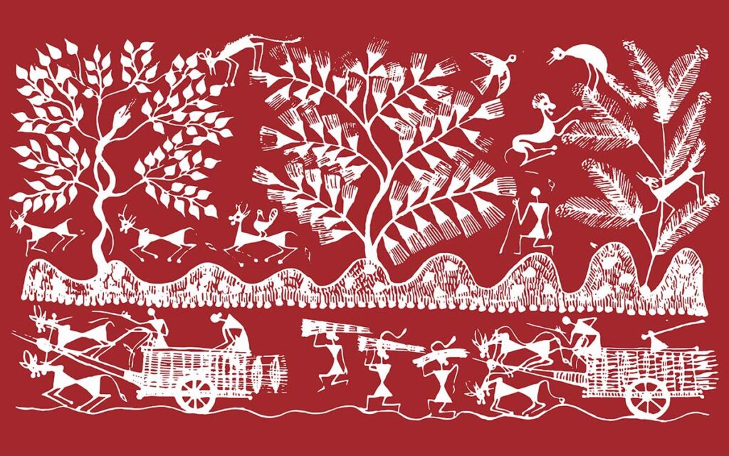 Brown and White Warli Painting on Wall, Traditional Warli art - Magicdecor®