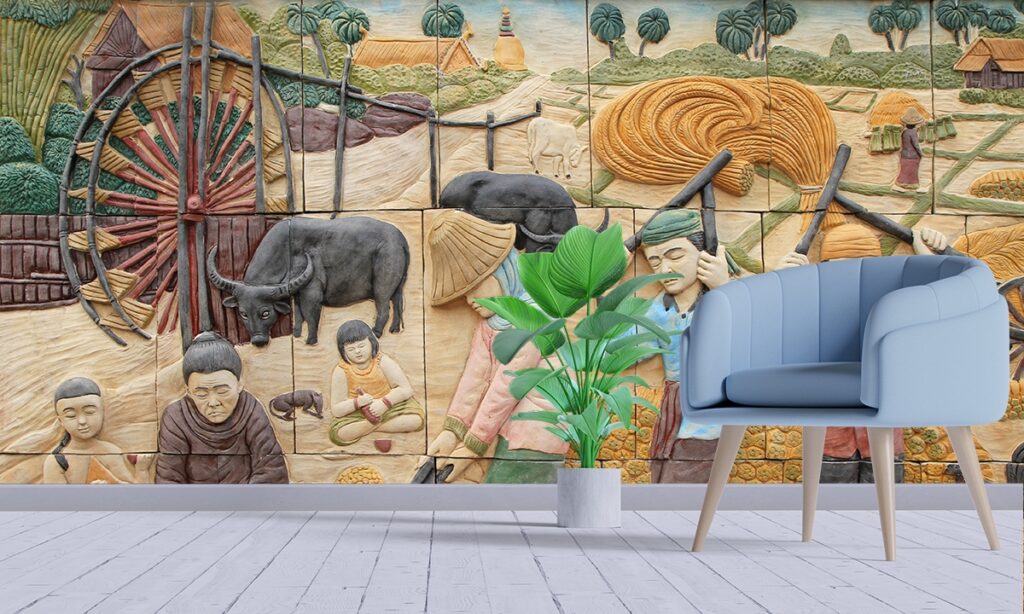 A wall with a mural of people working in the field - Magicdecor®