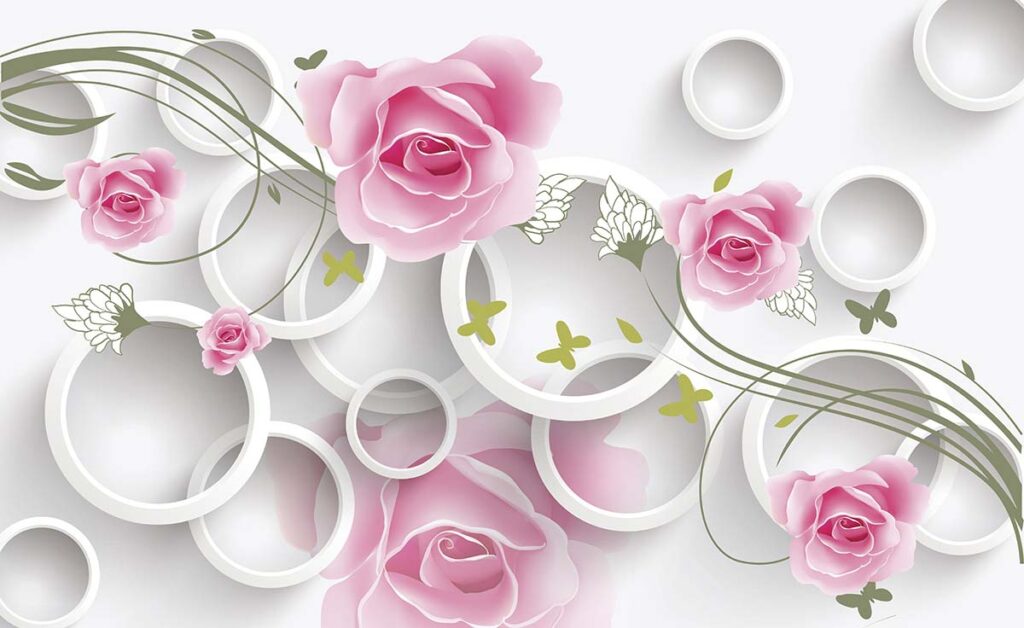 Pink Roses With 3D White Rings Wallpaper for Wall - Magicdecor®