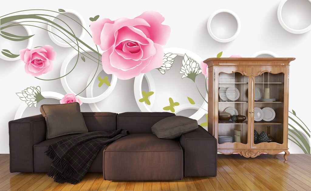 Pink Roses With 3D White Rings Wallpaper for Wall - Magicdecor®