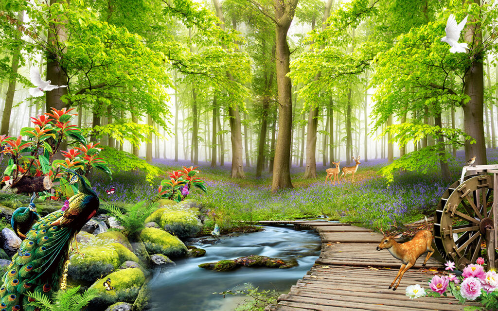 Wood Bridge Over Stream, Forest Wallpaper for Walls - Magicdecor®