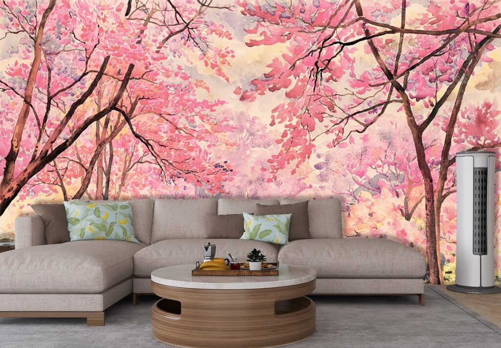 A watercolor painting of pink trees - Magicdecor®