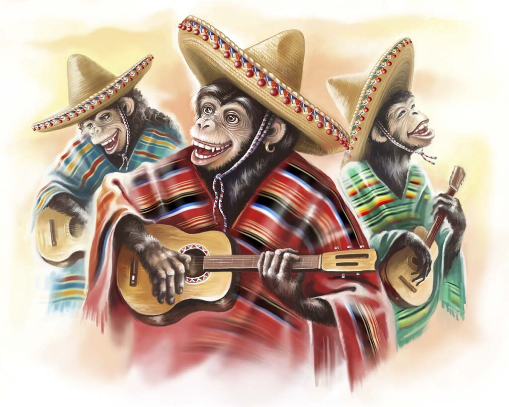 A group of monkeys wearing sombrero playing instruments - Magicdecor®