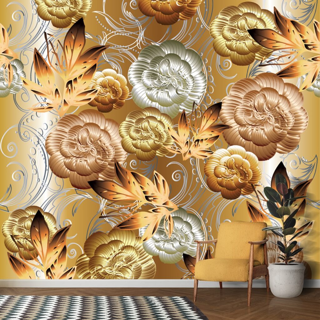 A 3D Golden Floral Flower Wallpaper Pattern - Magicdecor®