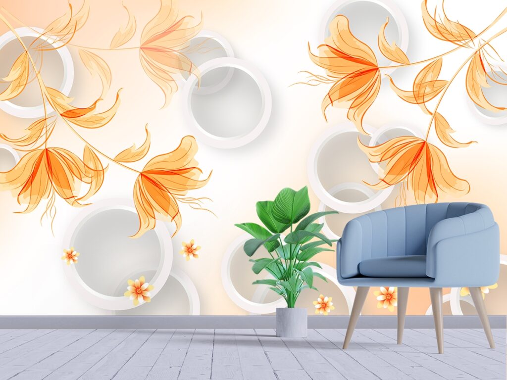 A white circles and orange flowers - Magicdecor®