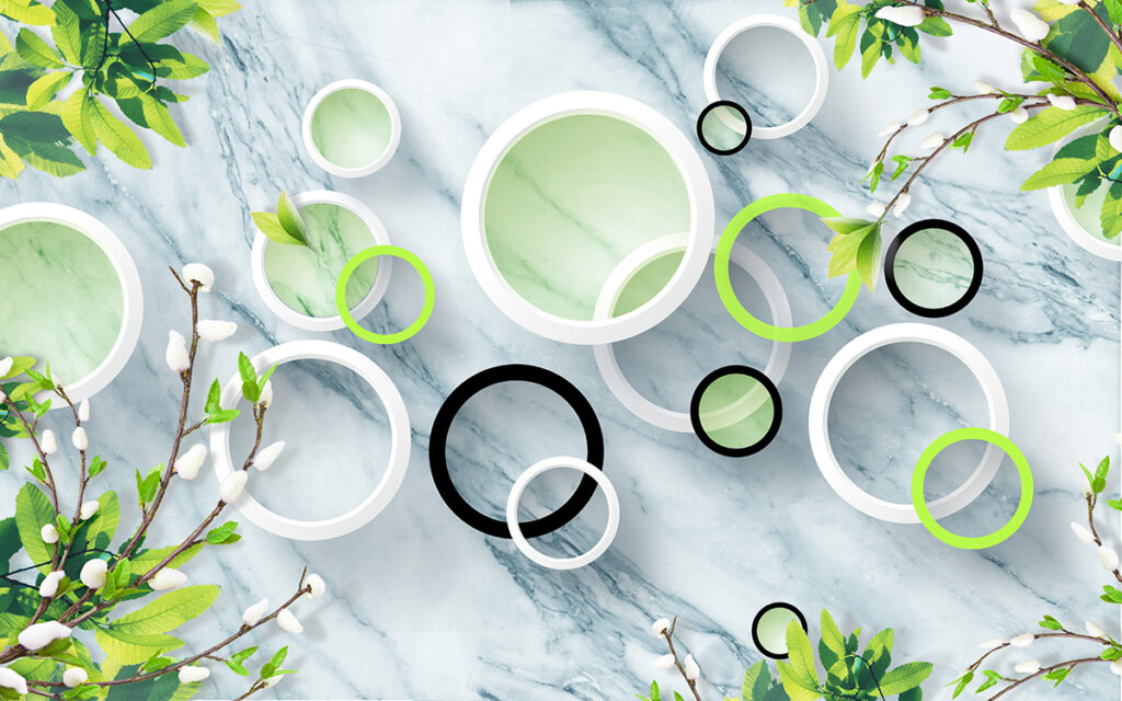 A white circles and green leaves on a marble surface - Magicdecor®