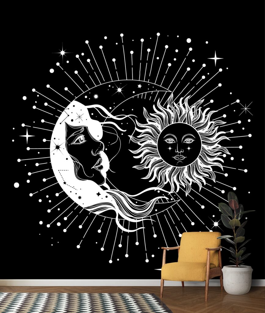 Black Wallpaper of Sun and Moon with Stars - Magicdecor®