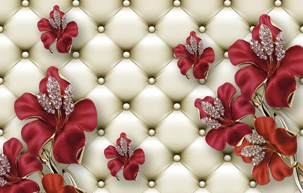 A wallpaper with red flowers and diamonds - Magicdecor®