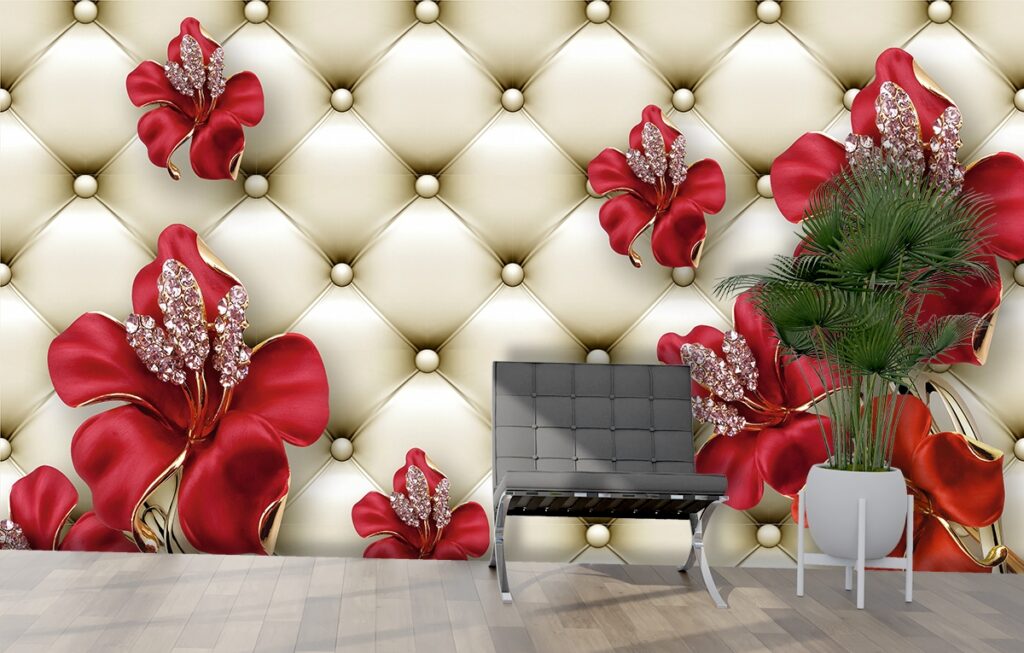 A wallpaper with red flowers and diamonds - Magicdecor®