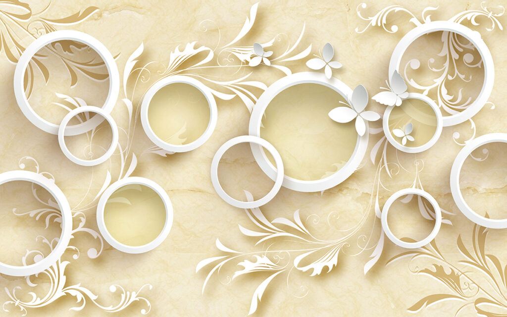 A white circles and flowers on a beige background - Magicdecor®