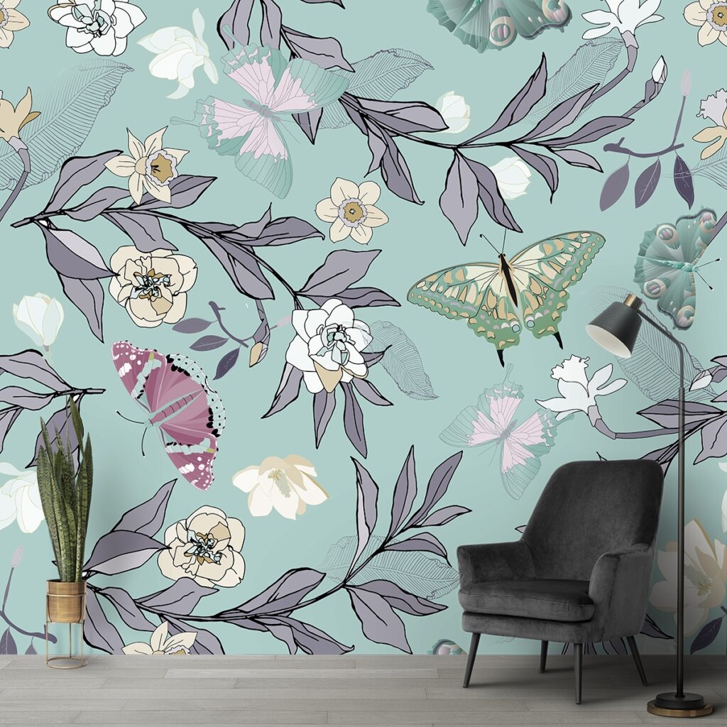 A Wallpaper Pattern of Flowers Leaves and Butterflies for Wall - Magic ...