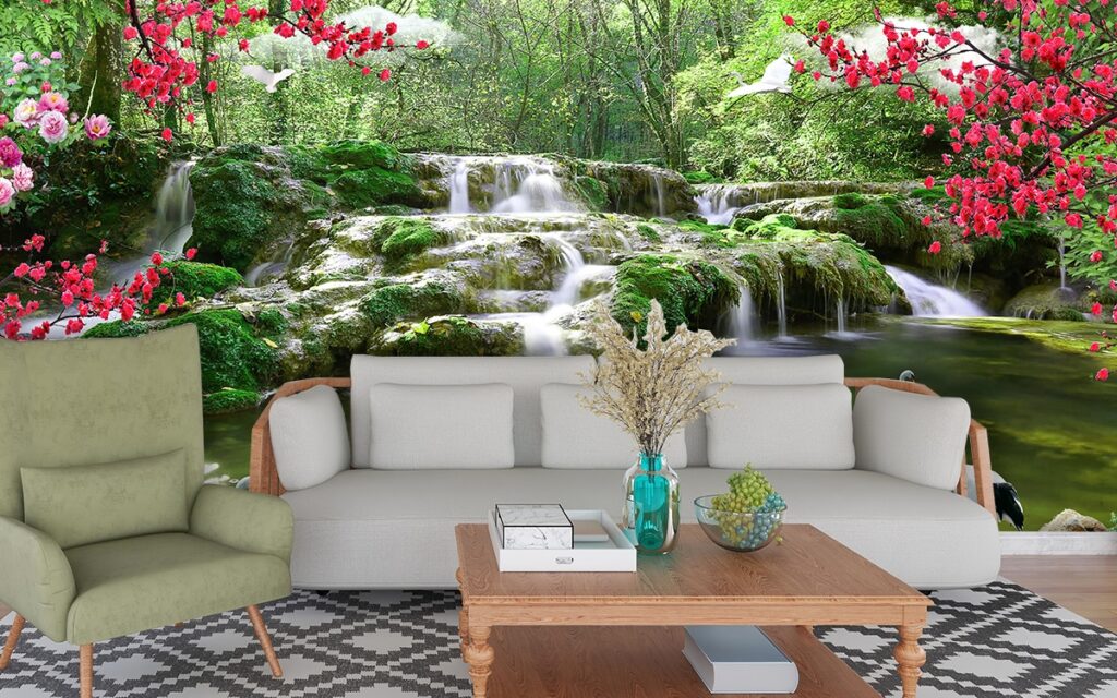 Waterfall Wallpaper for Walls, A waterfall with white swans in it - Magicdecor®
