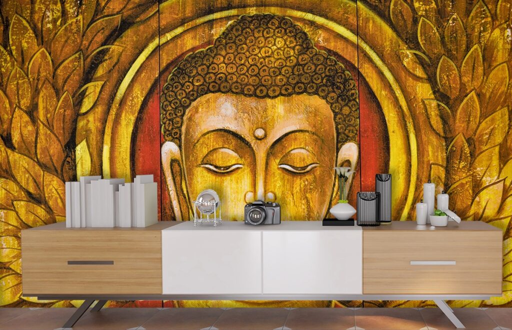 A Wallpaper of a Buddha with Leaves in the Background - Magicdecor®
