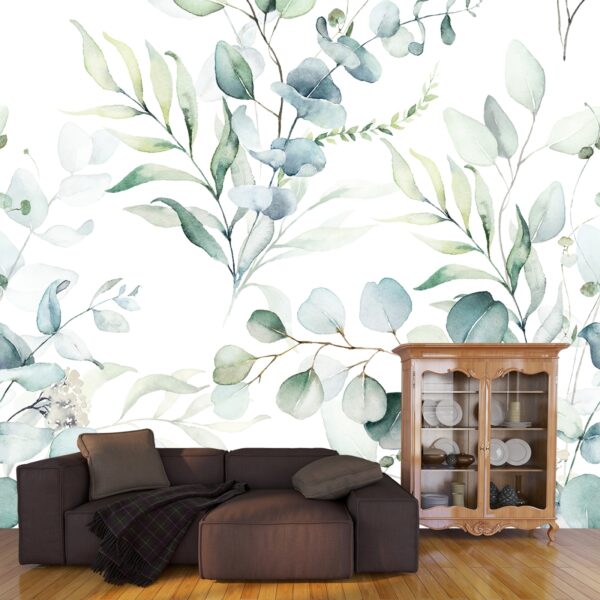 A Wallpaper of a White Background with Botanical Leaves - Magicdecor®
