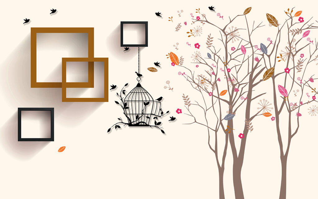 A tree with birds and a birdcage on it - Magicdecor®