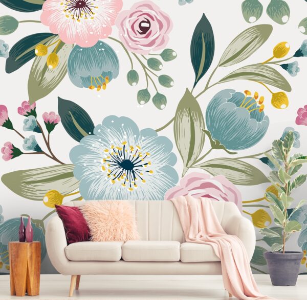 A Floral Pattern Wallpaper with Flowers and Leaves - Magicdecor®