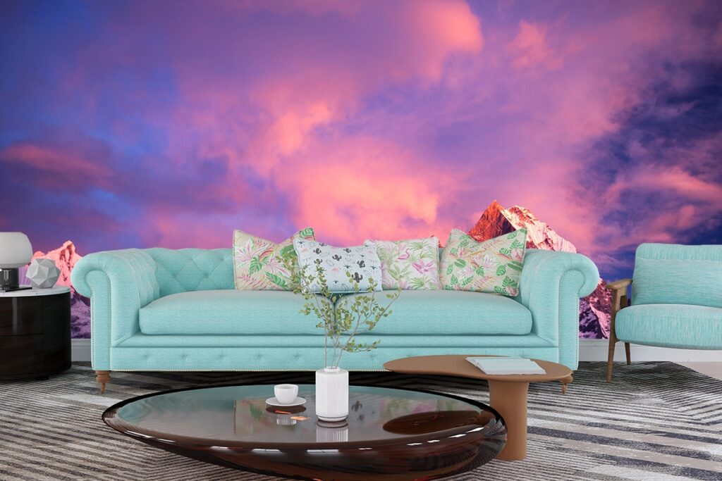 A snowy mountain with a pink sky - Magicdecor®