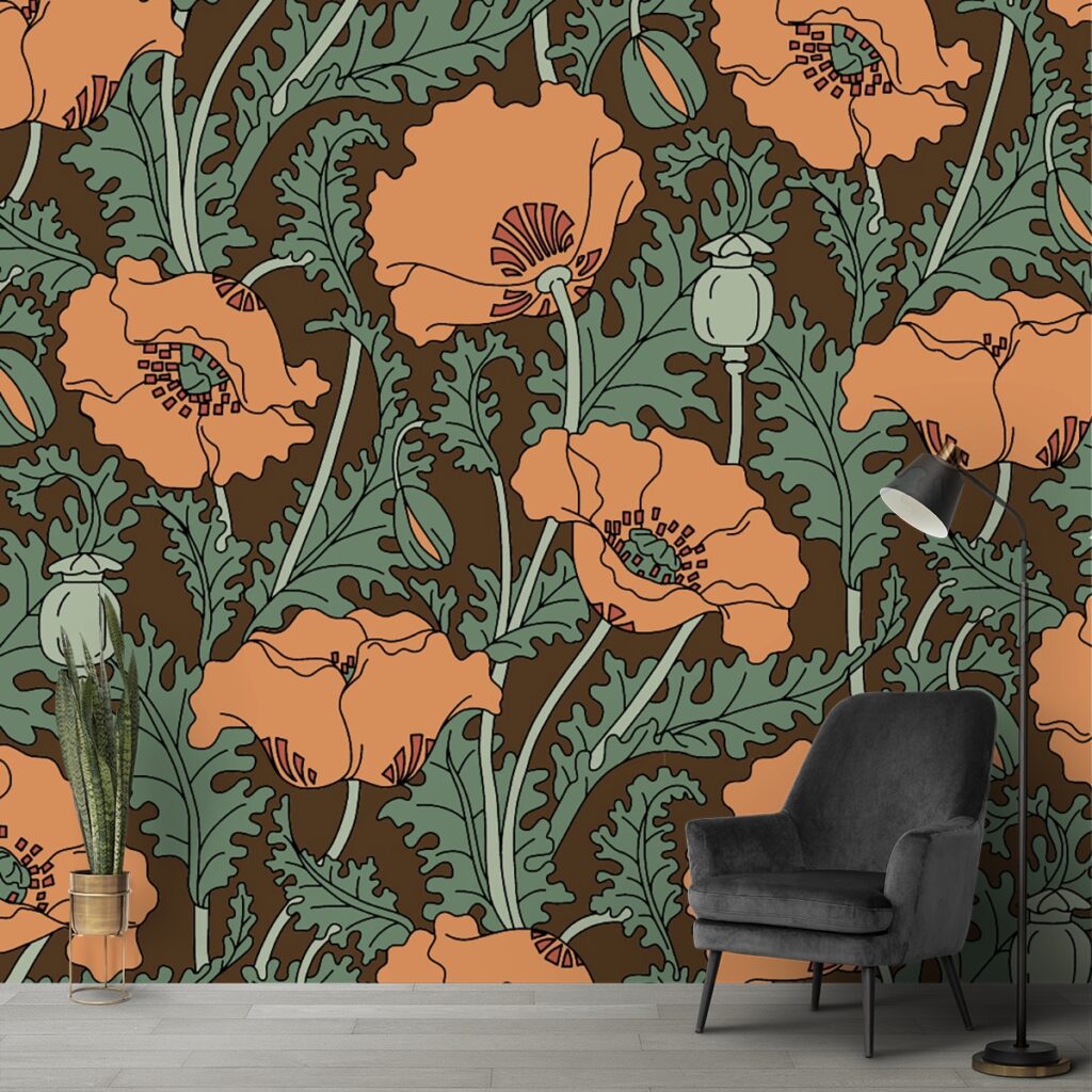 A pattern of orange flowers and green leaves - Magicdecor®